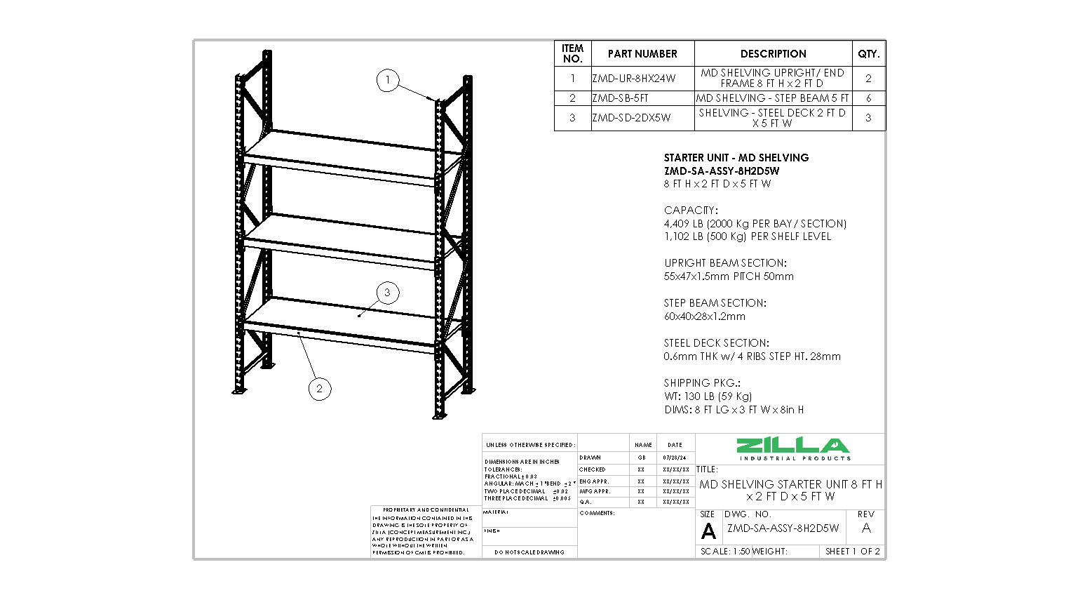 Pallet Rack Starter Unit, 8ft H x 2ft D x 5ft W – 3 Shelves | Zilla ...